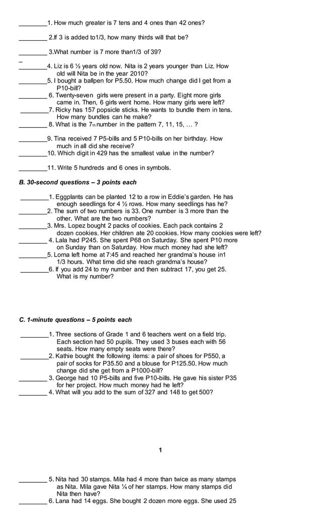Grade 1 mtap reviewer | DOCX | Stamps and Coins | Collecting