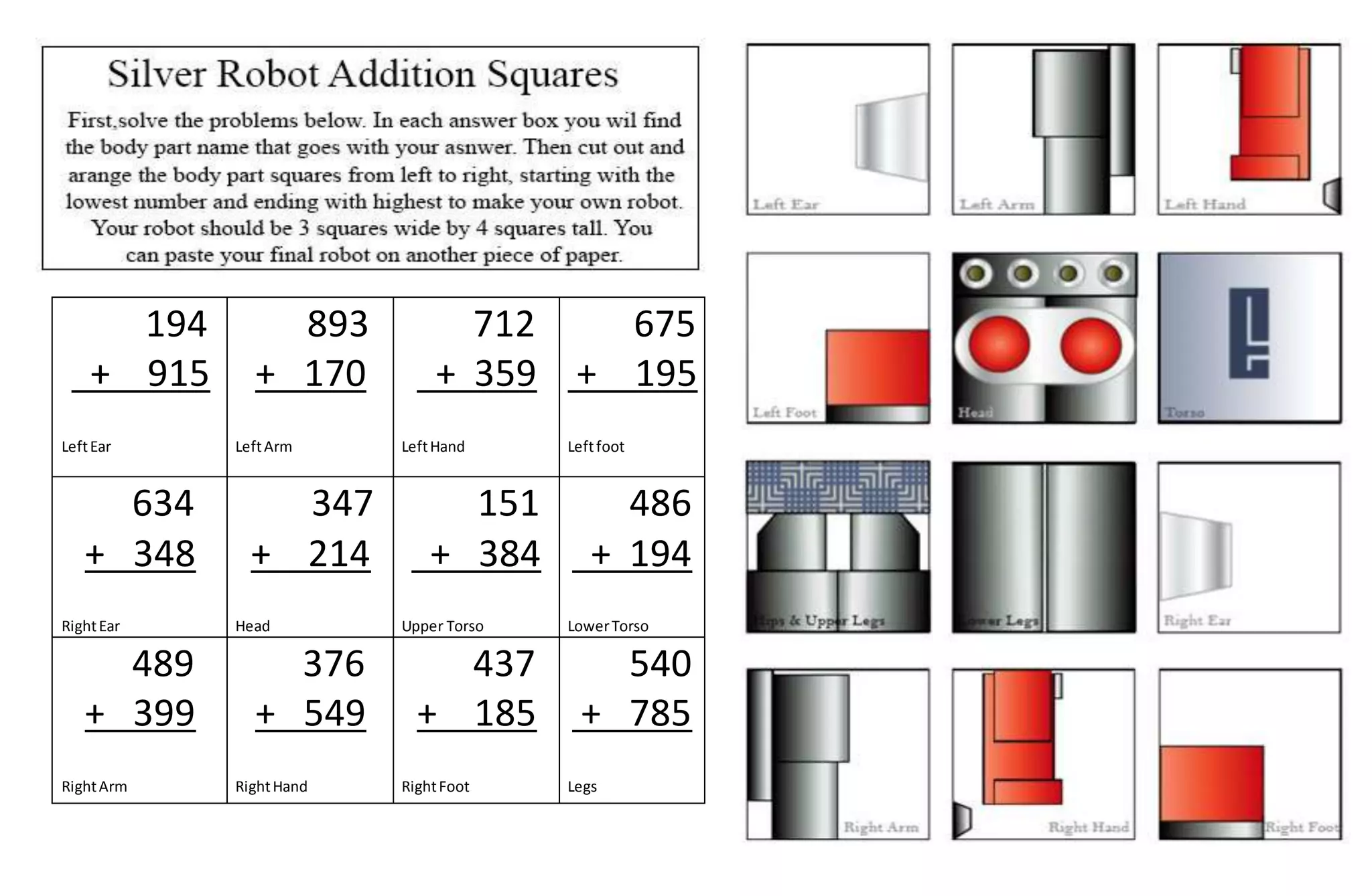Addtion With Regrouping Activity Grade 2 (Robot Addition Squares) | DOCX