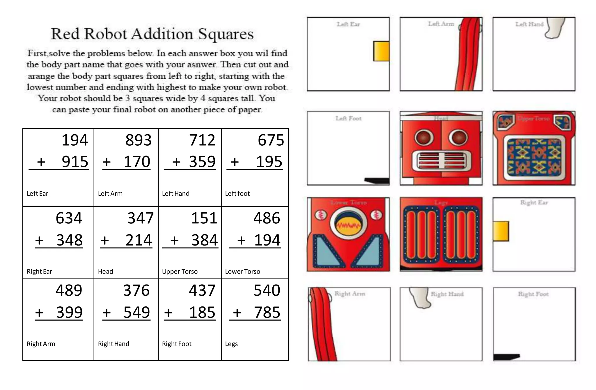 Addtion With Regrouping Activity Grade 2 (Robot Addition Squares) | PPT