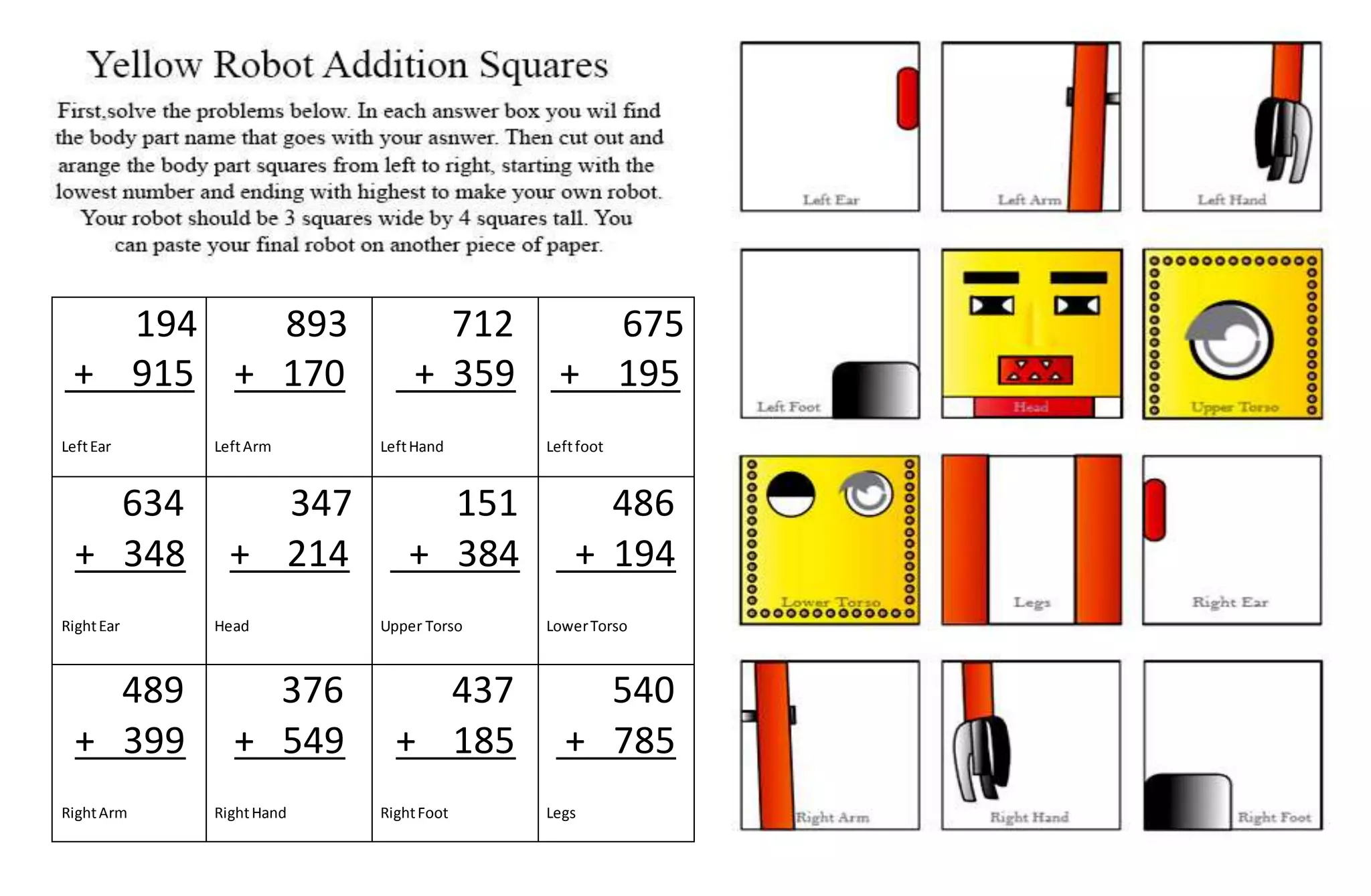 Addtion With Regrouping Activity Grade 2 (Robot Addition Squares) | PPT