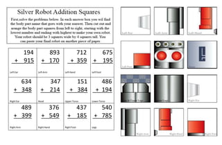 Addtion With Regrouping Activity Grade 2 (Robot Addition Squares) | DOCX