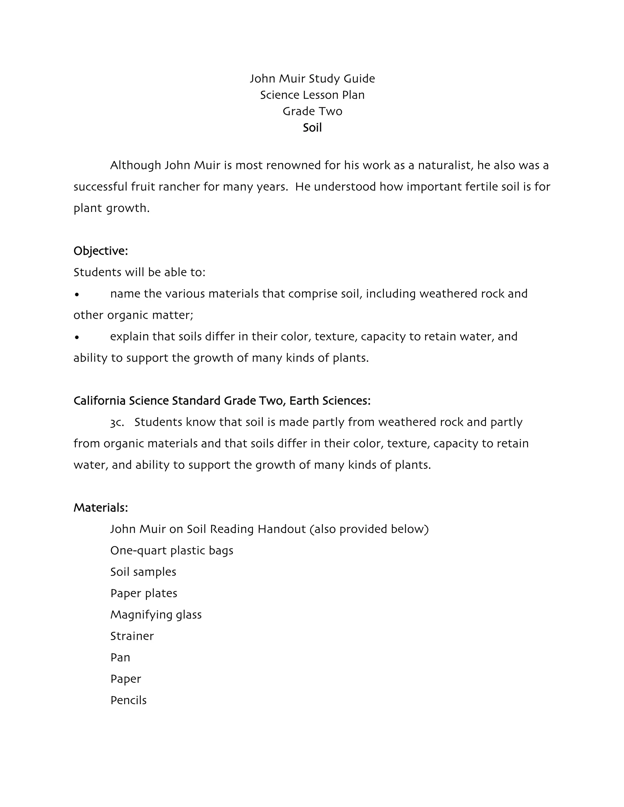 Soil Grade Two Science Lesson Plan John Muir Study Guide u | PDF