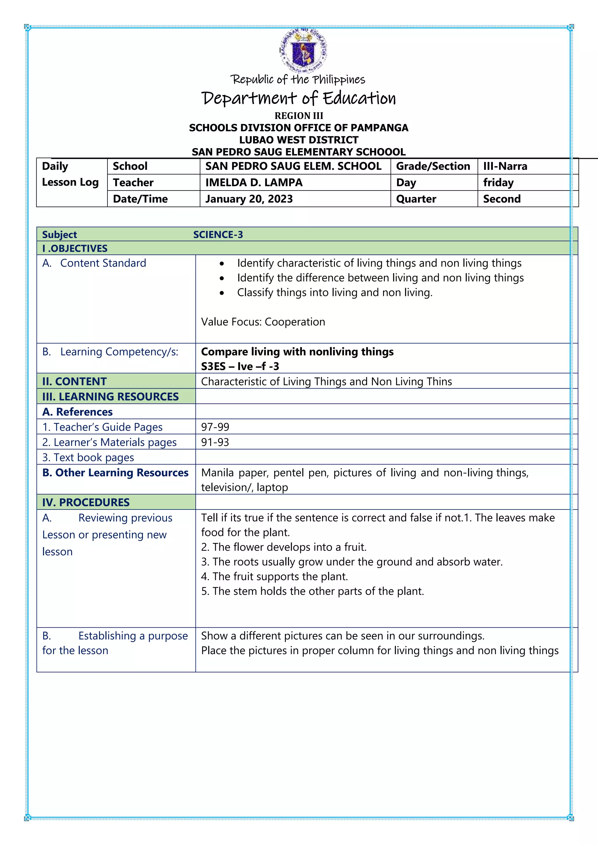 Grade 3 COT Science living things and non living things.docx