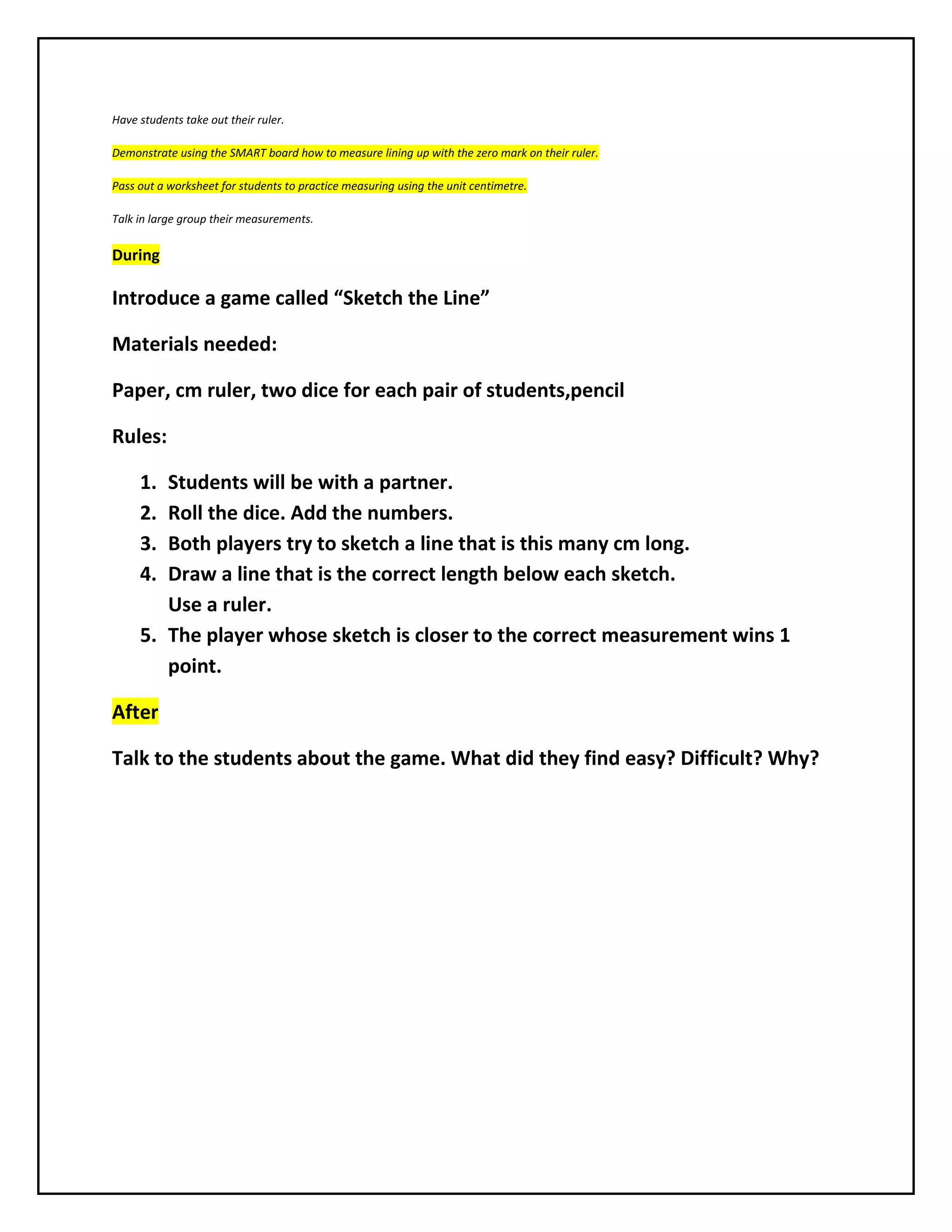 Grade 3 introduction to standard units and sketch the line | DOCX