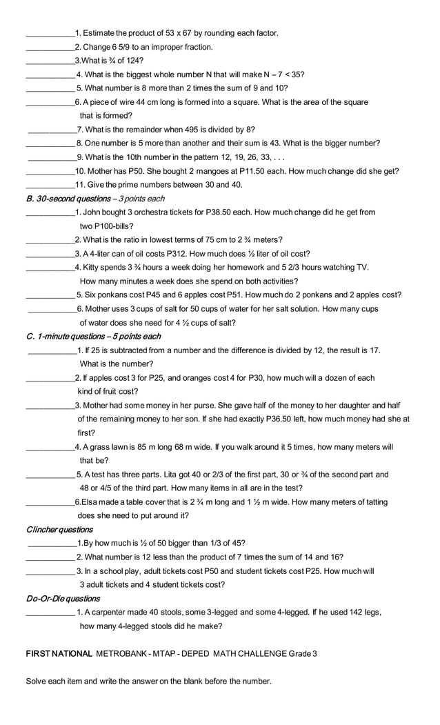 Grade 3 mtap reviewer | DOCX | Games and Puzzles | Hobbies & Interests