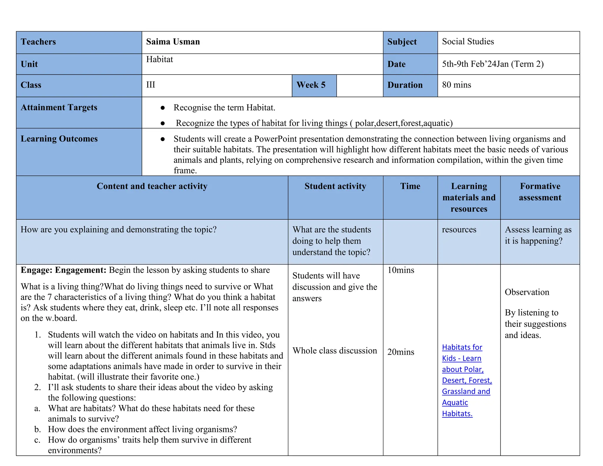 Grade3 Term2 Week5, habitat lesson plans | DOCX