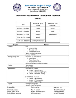 Grade 4 Fourth Long Test Pointers to Review and Schedule.pdf