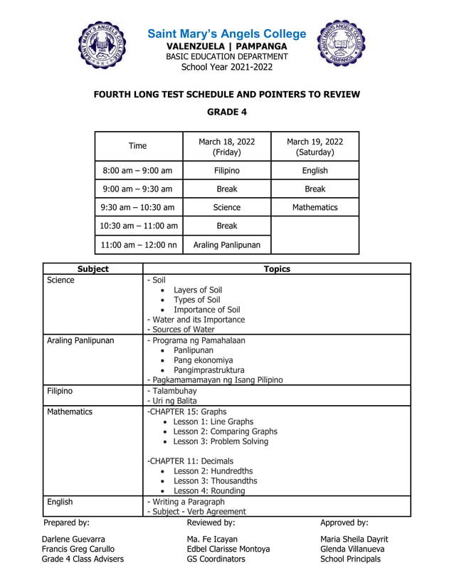 Grade 4 Fourth Long Test Pointers to Review and Schedule.pdf