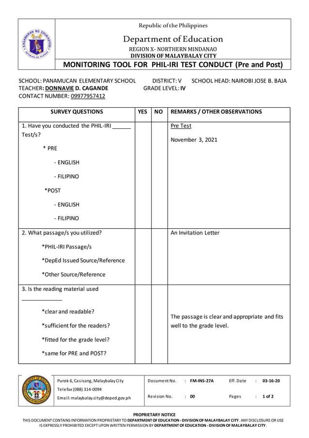 Grade 4 phil_iri_pretest[1] | DOCX | Educational Assessment | Education