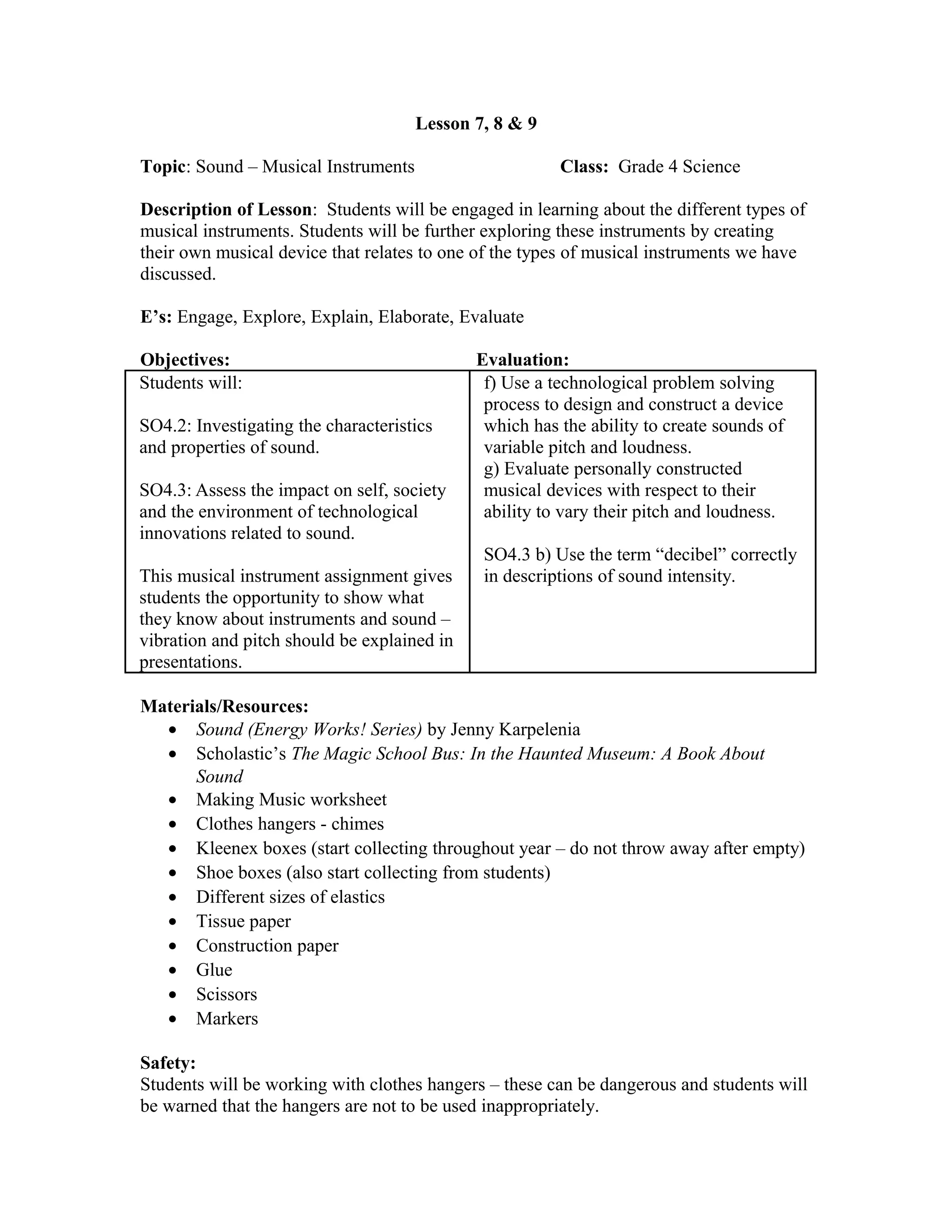 Grade 4 science sound unit | DOC