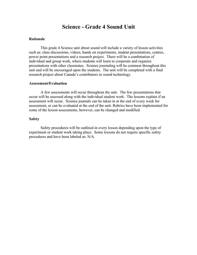 Grade 4 science sound unit | DOC