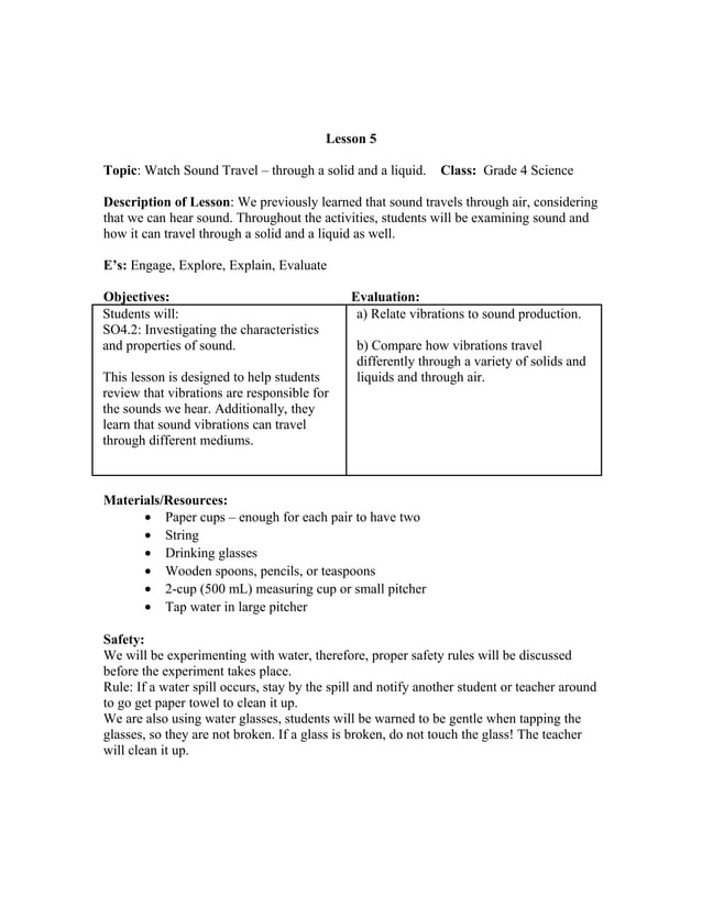 Grade 4 science sound unit | DOC