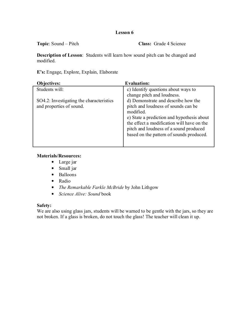 Grade 4 science sound unit