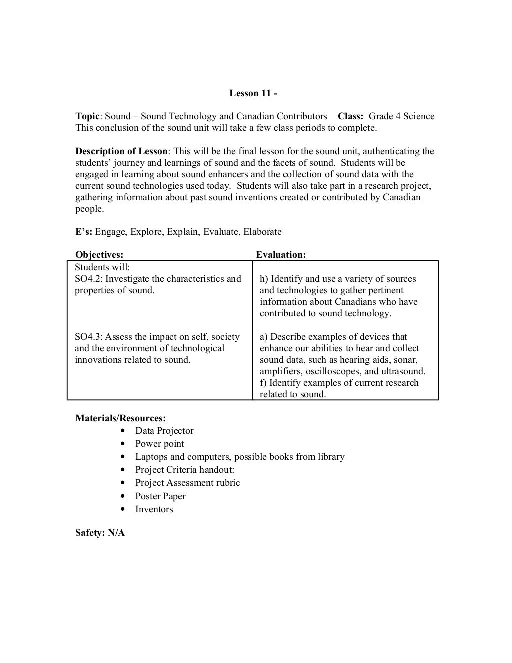 Grade 4 science sound unit