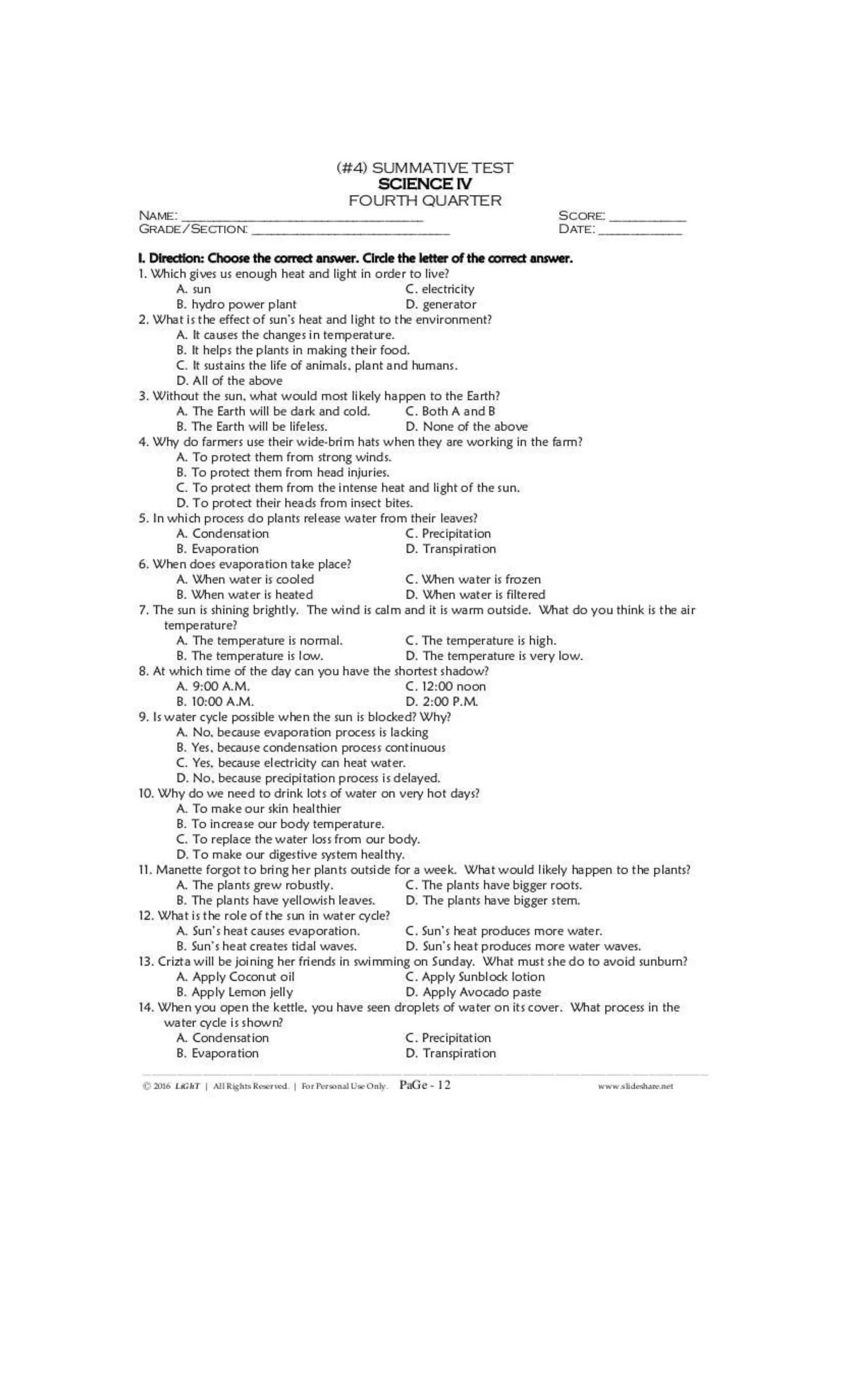 GRADE 4 - SUMMATIVE TEST QUARTER 4 ALL SUBJECTS | DOCX