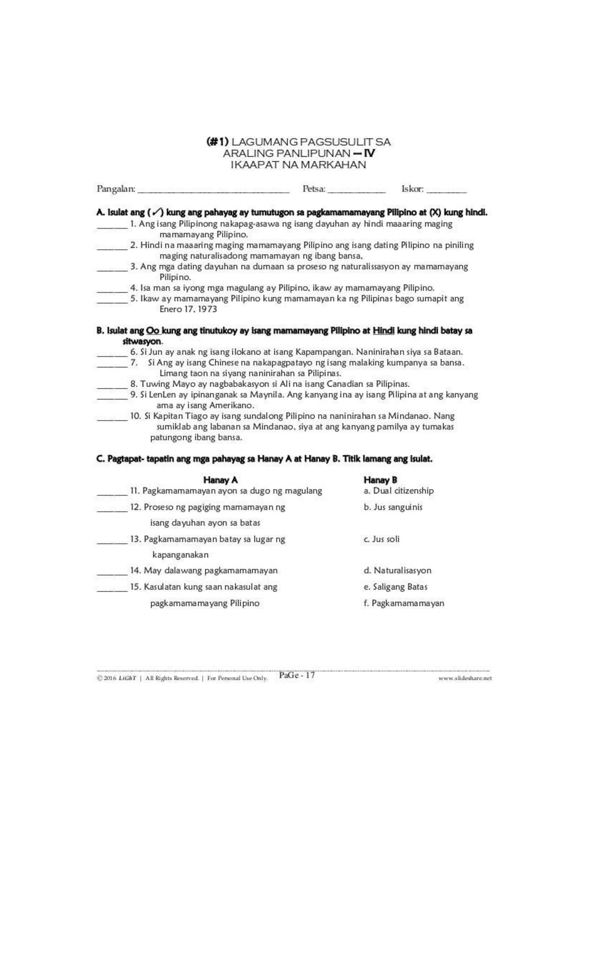 GRADE 4 - SUMMATIVE TEST QUARTER 4 ALL SUBJECTS | DOCX