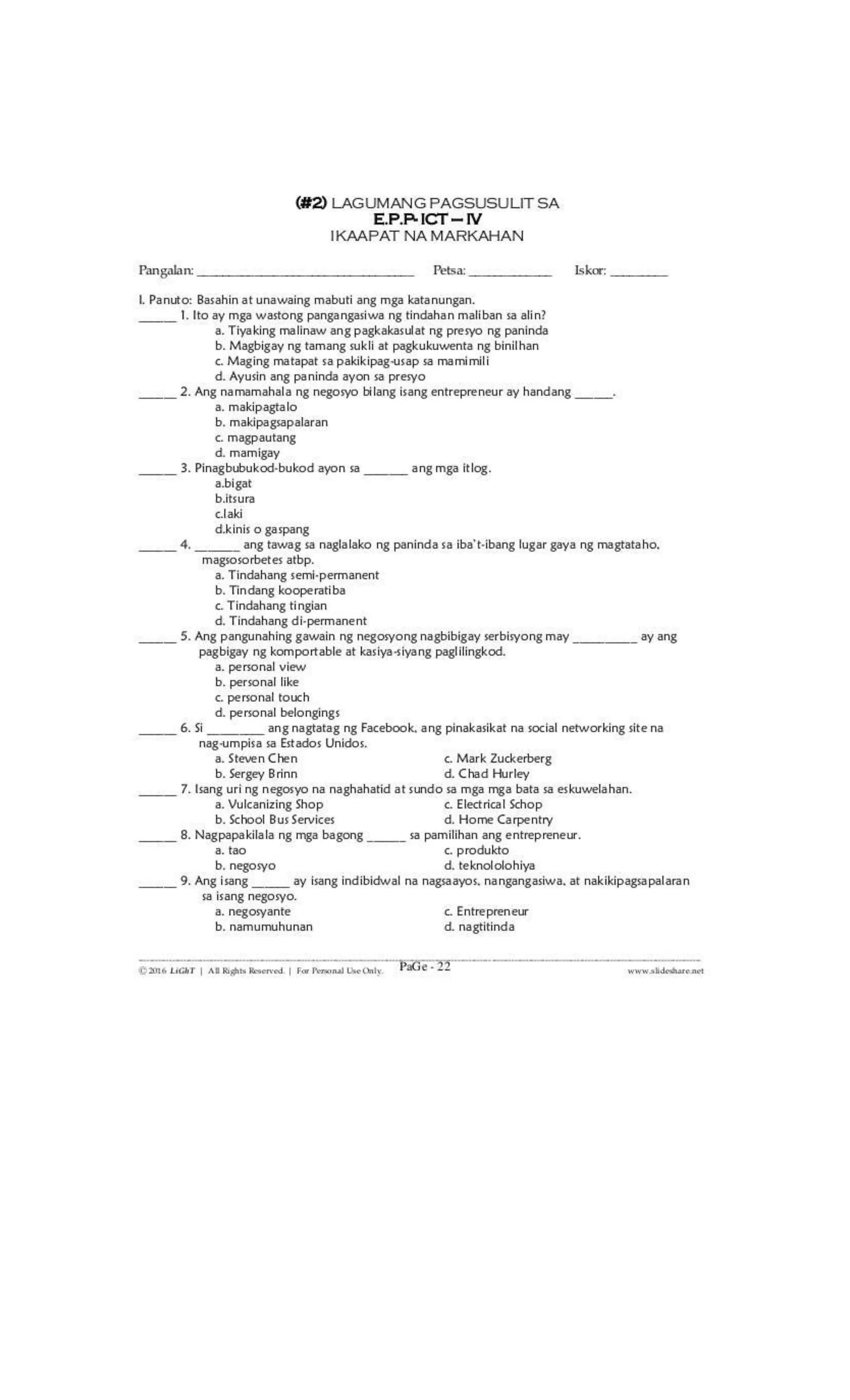 GRADE 4 - SUMMATIVE TEST QUARTER 4 ALL SUBJECTS | DOCX