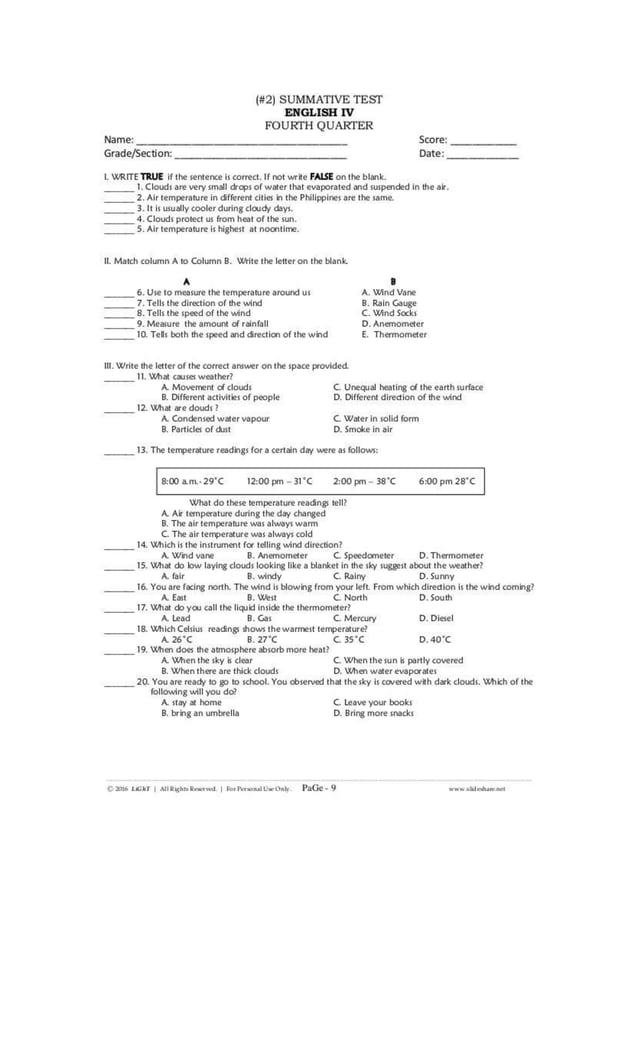 GRADE 4 - SUMMATIVE TEST QUARTER 4 ALL SUBJECTS | DOCX