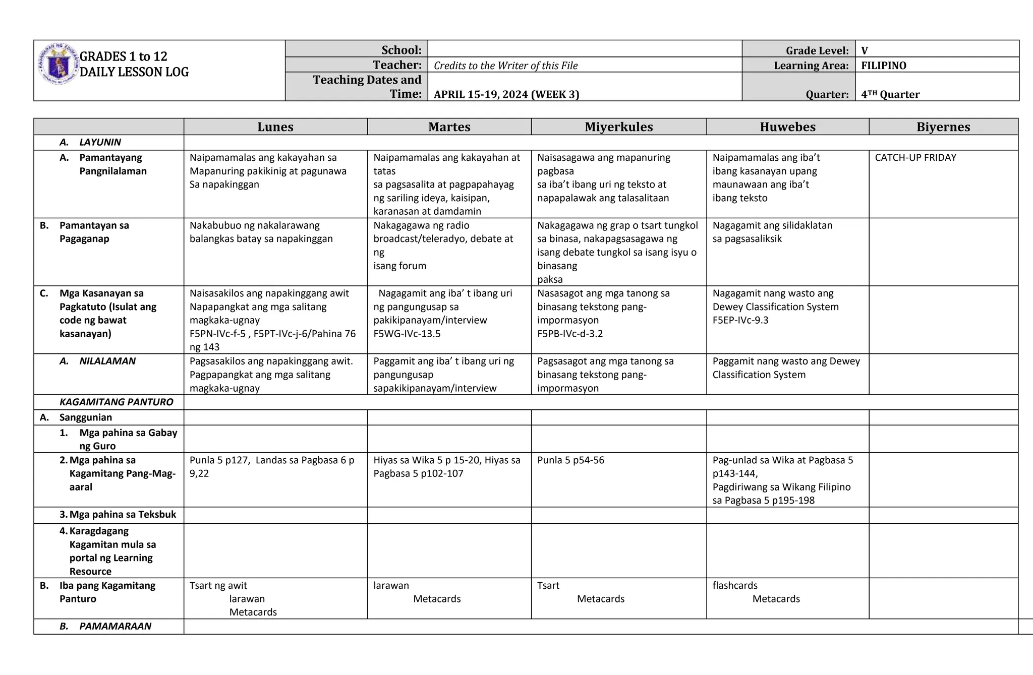 Lesson Plan for Grade 5 DLL FILIPINO 5 Q4 Week 3.docx
