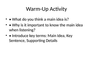 Grade 5 english lesson on Main Ideas and Key Sentencess | PPTX