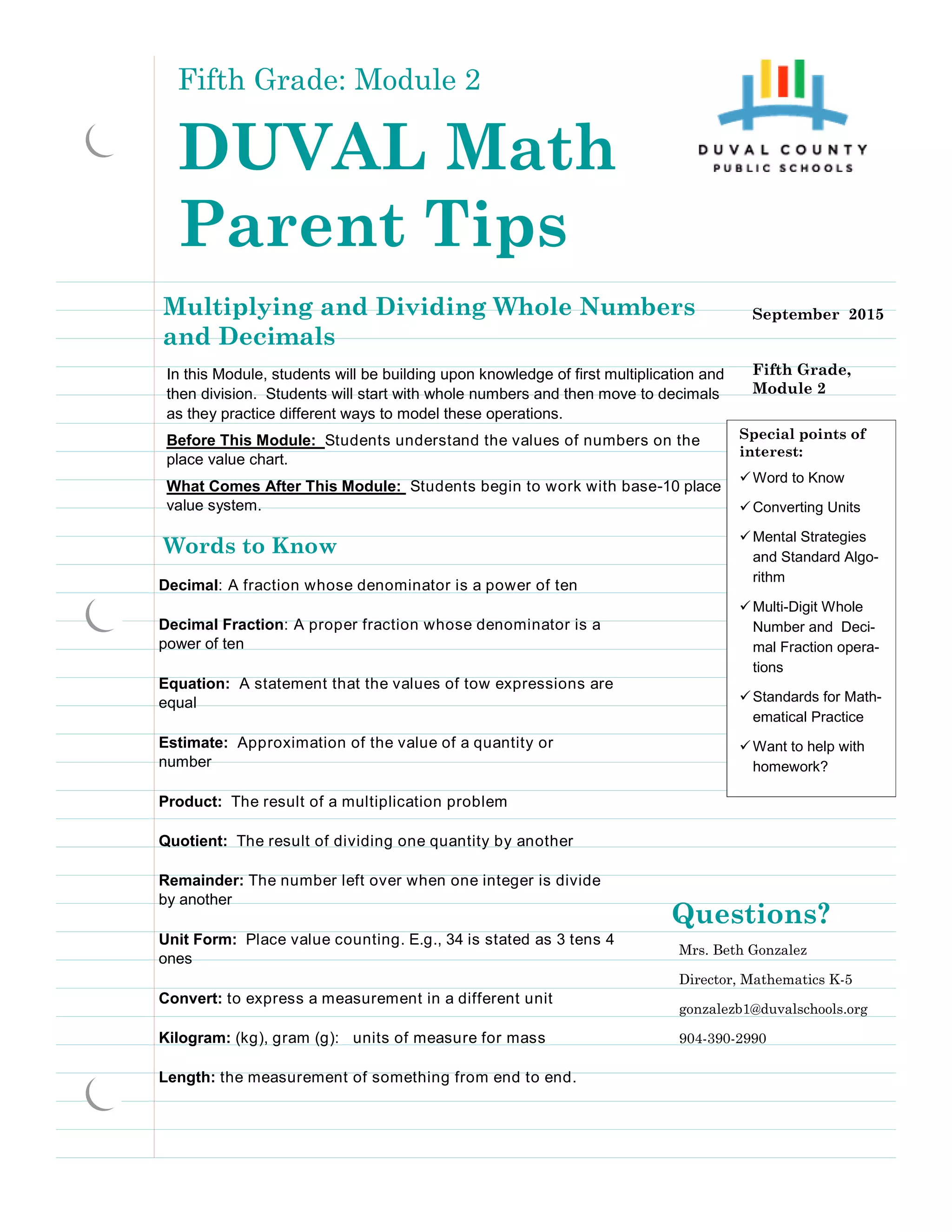 Grade 5 module 2 parent letter | PDF | Homework and Study | Education