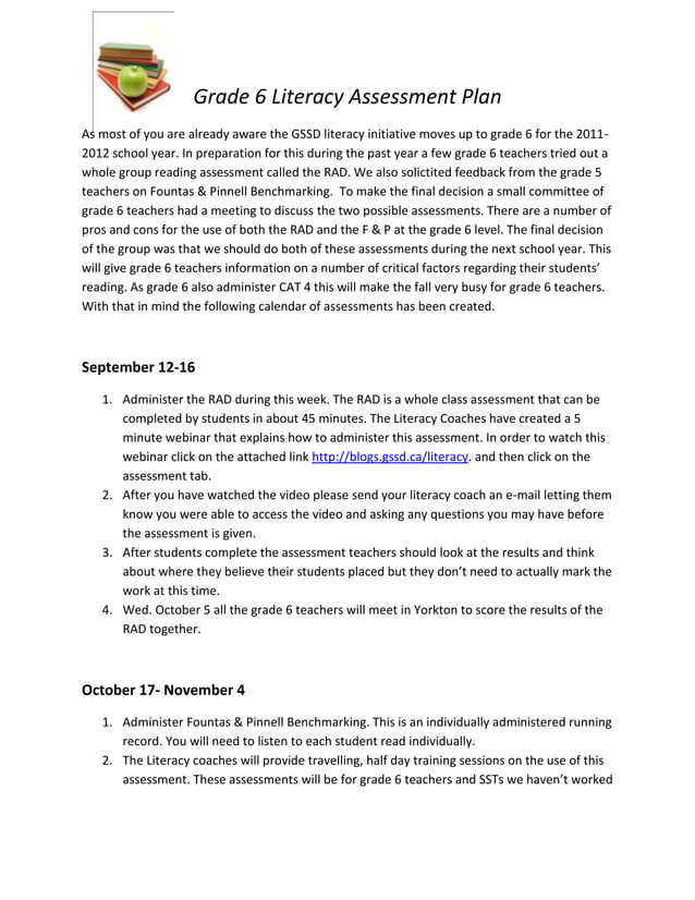 Grade 6 literacy assessment plan | PDF