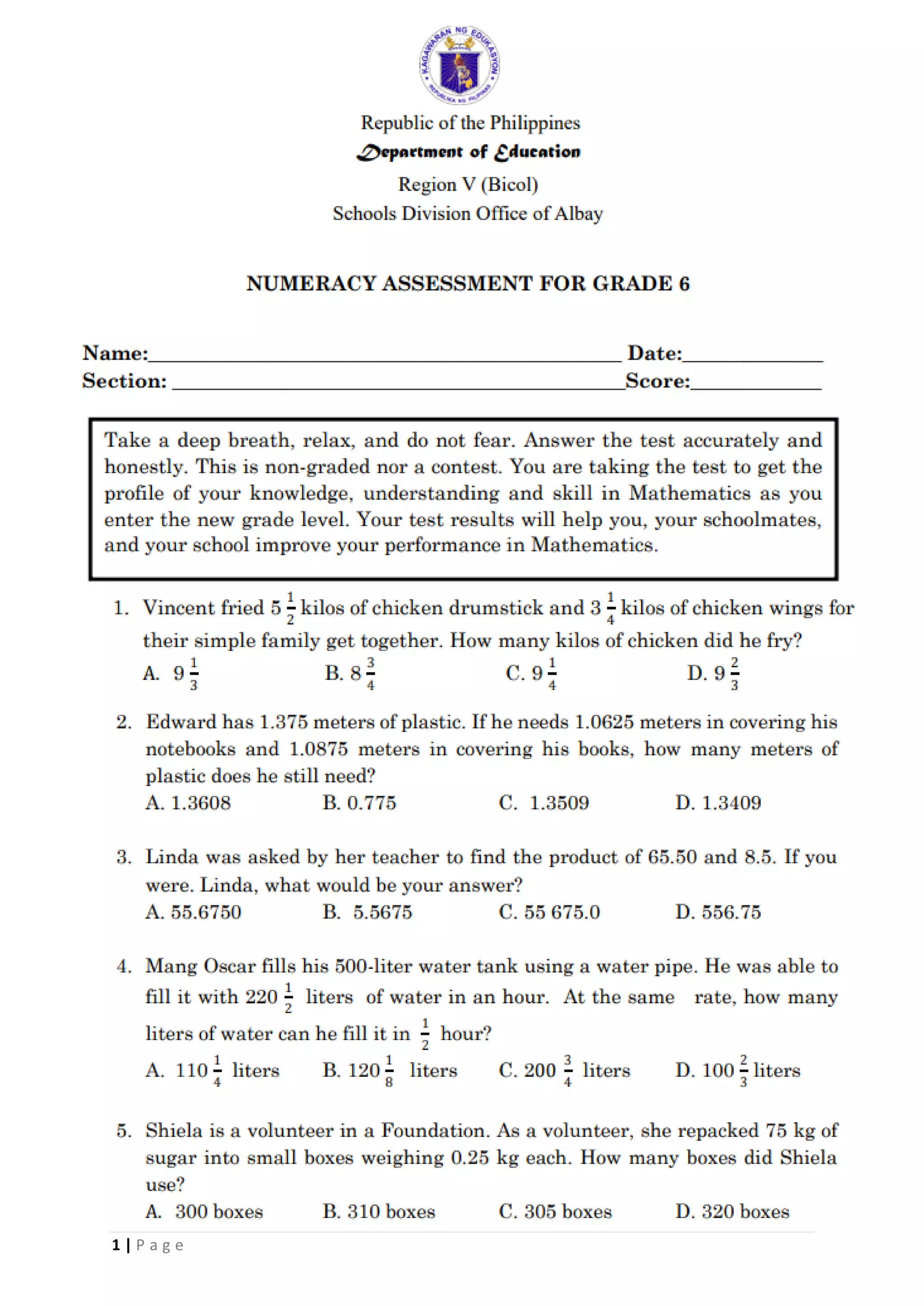 Grade 6 Numeracy Tool (PreTest).pdf