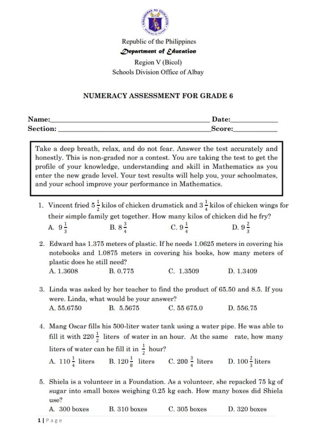 Grade 6 Numeracy Tool (PreTest).pdf