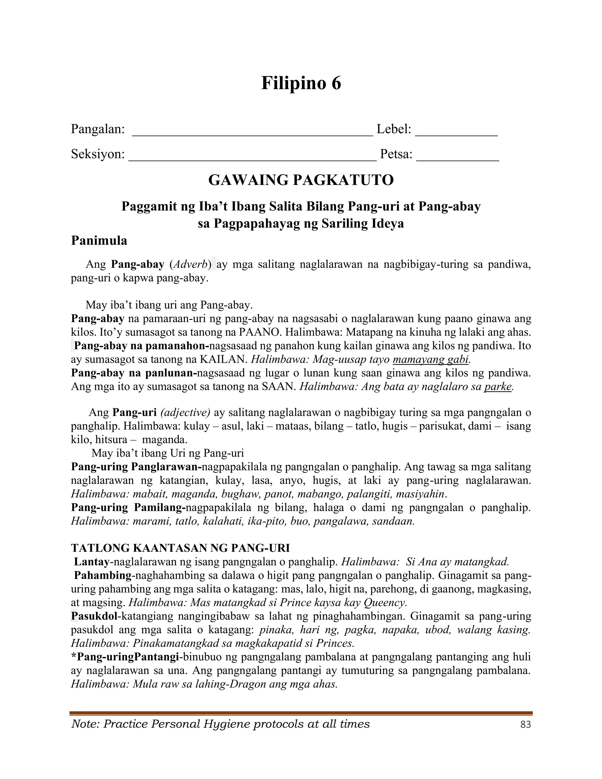 Grade 6 Q2 Filipino LAS.pdf S. Y. 2024- 2025 | PDF
