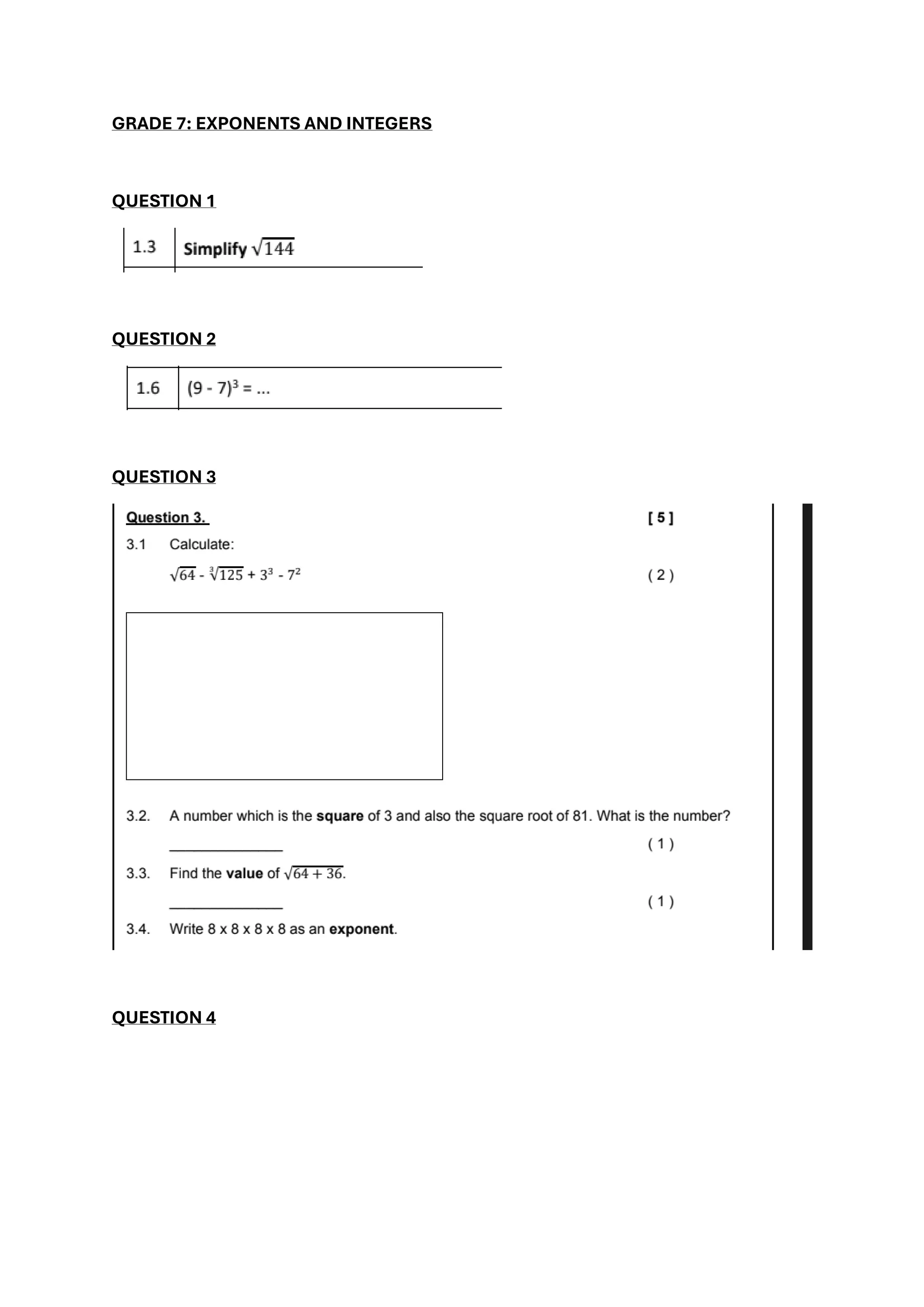 GRADE 7 EXPONENTS AND INTEGERS QUESTIONS.pdf | Physics | Science