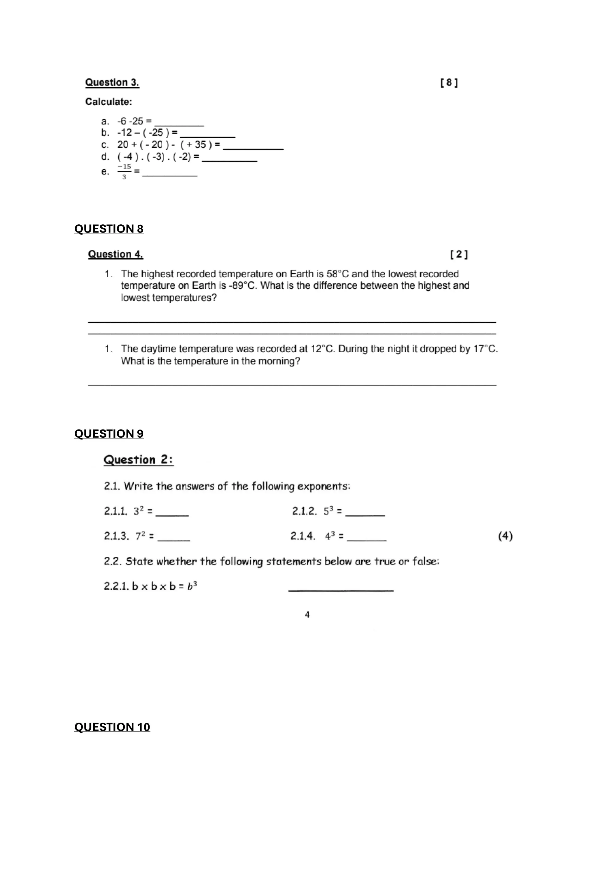 GRADE 7 EXPONENTS AND INTEGERS QUESTIONS.pdf | Physics | Science