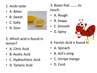 NCERT Grade 7 ch 5 ACIDS, BASES AND SALTS QUIZ | PDF | Chemistry | Science