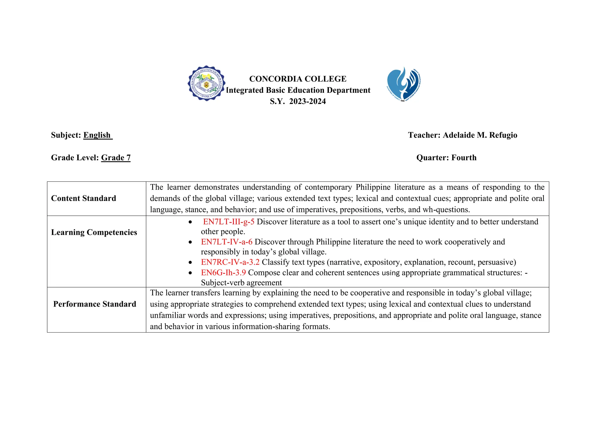 lesson plan grade 7 about literary appreciation skills | PDF