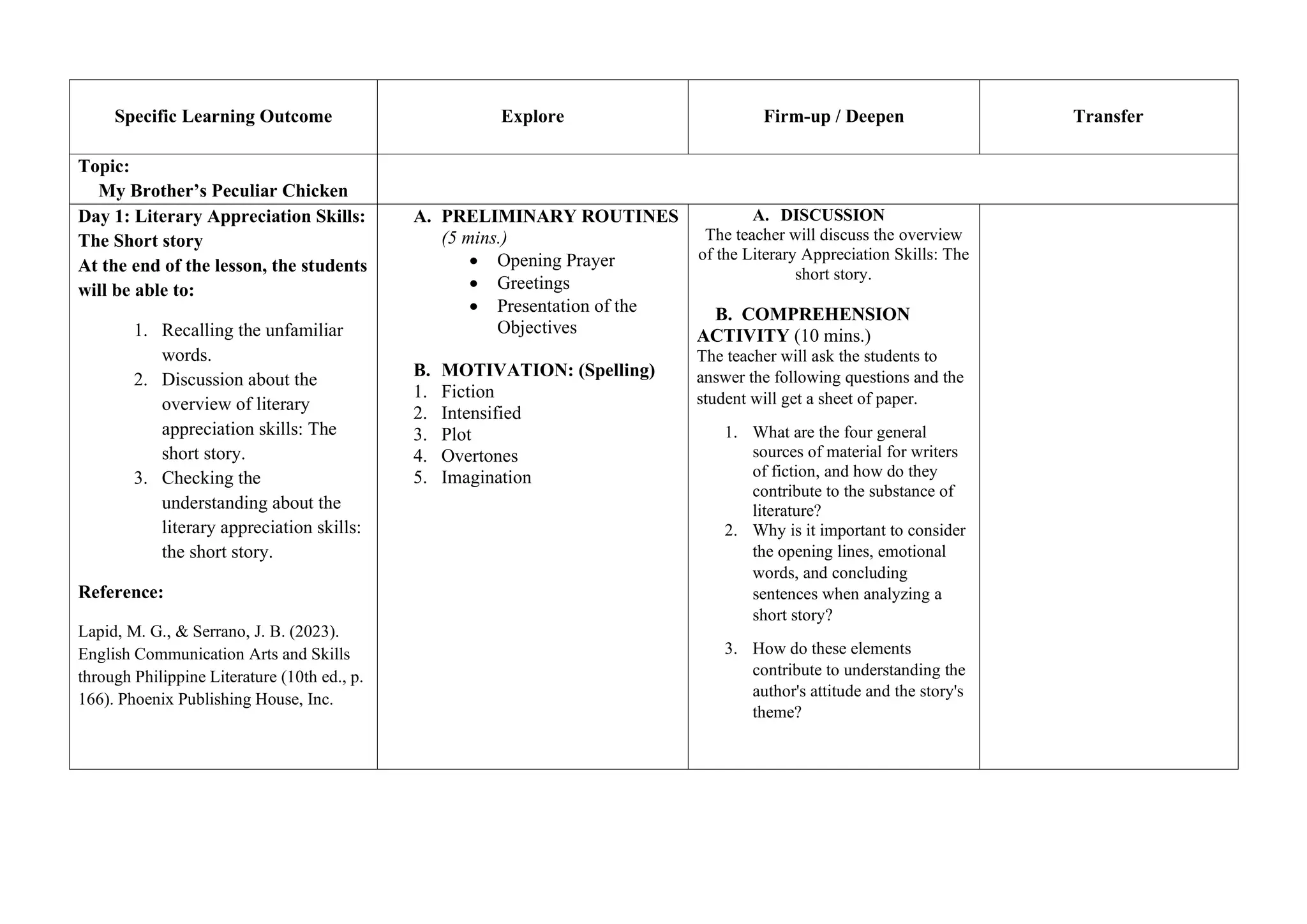 lesson plan grade 7 about literary appreciation skills | PDF