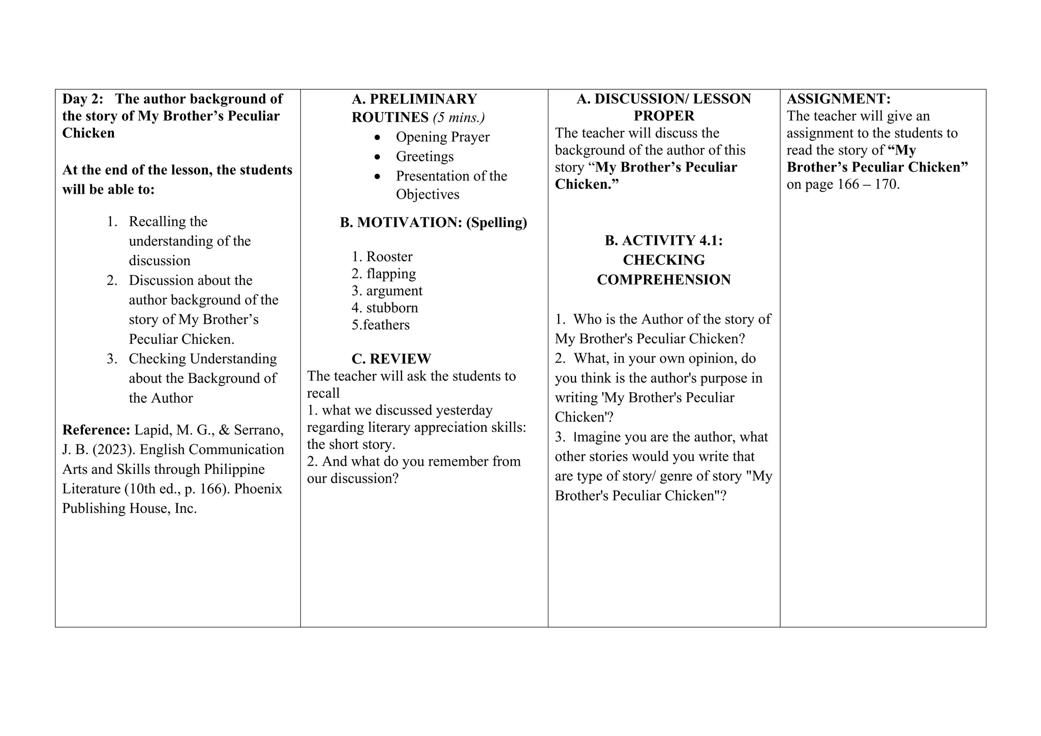 lesson plan grade 7 about literary appreciation skills | PDF