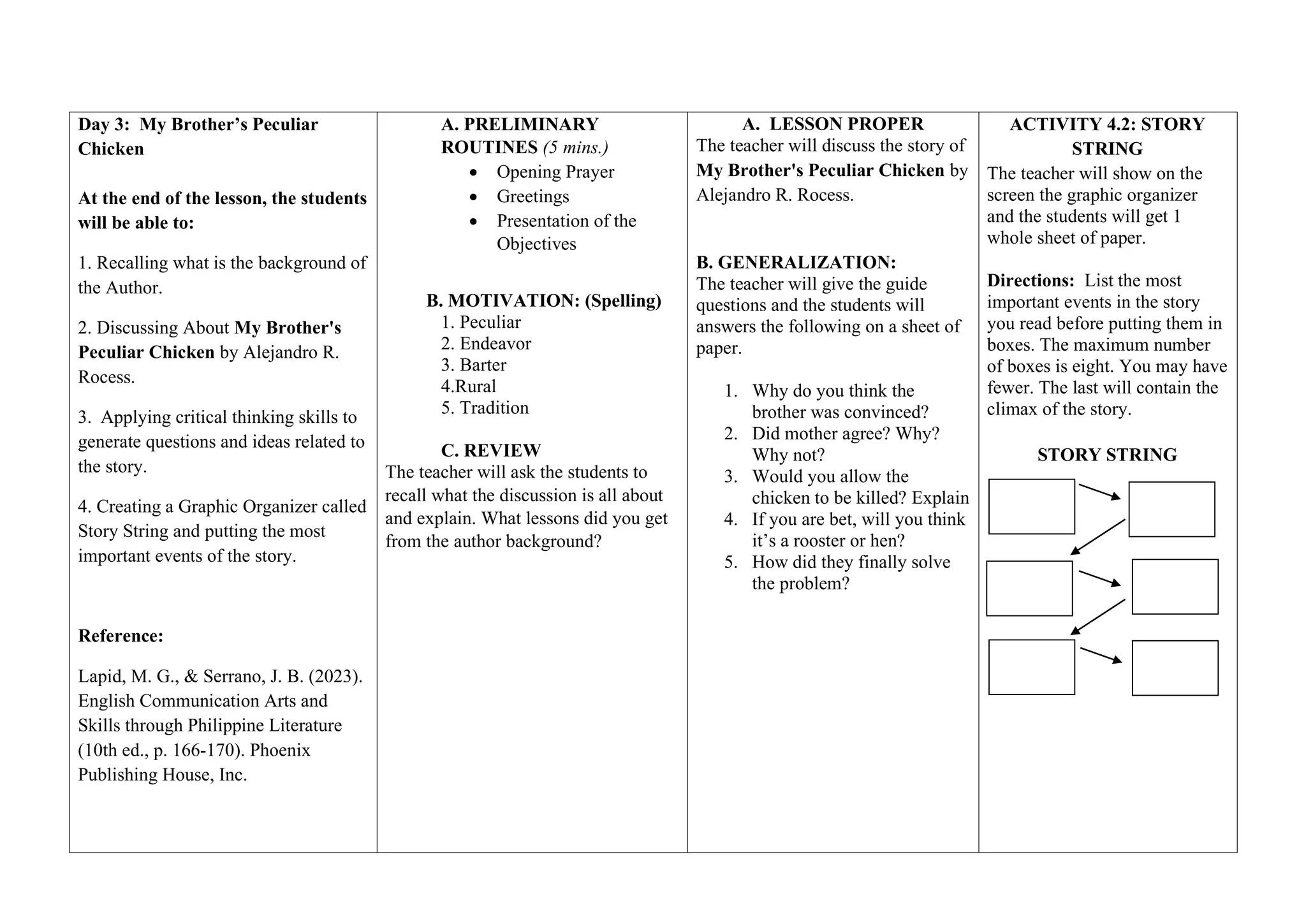 lesson plan grade 7 about literary appreciation skills | PDF