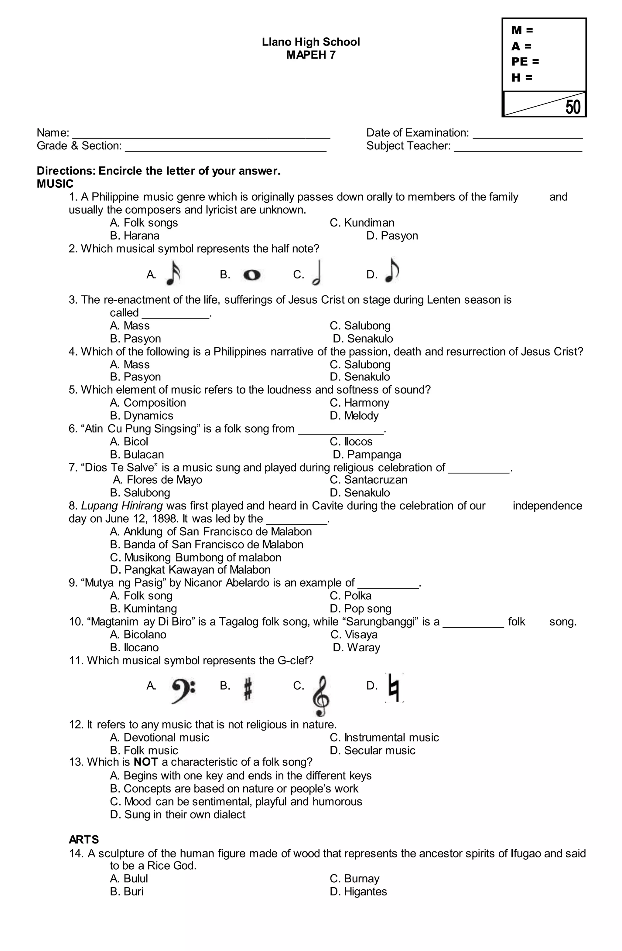 Grade 7 q1 test, tos and answer key | DOCX