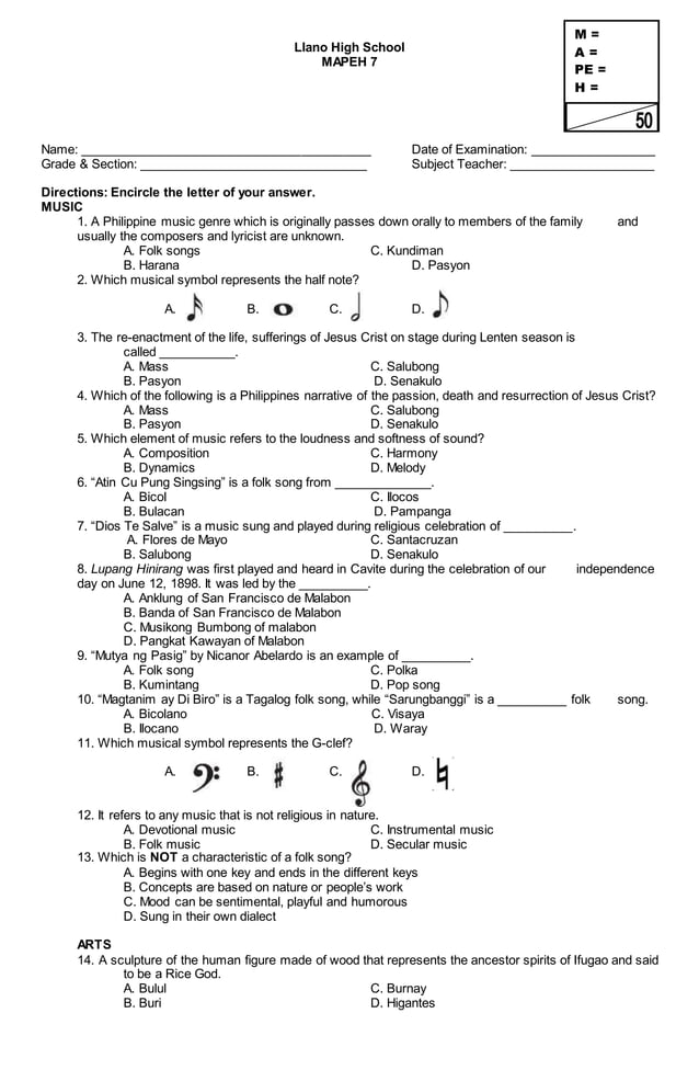Grade 7 q1 test, tos and answer key | DOCX | World/International Music ...