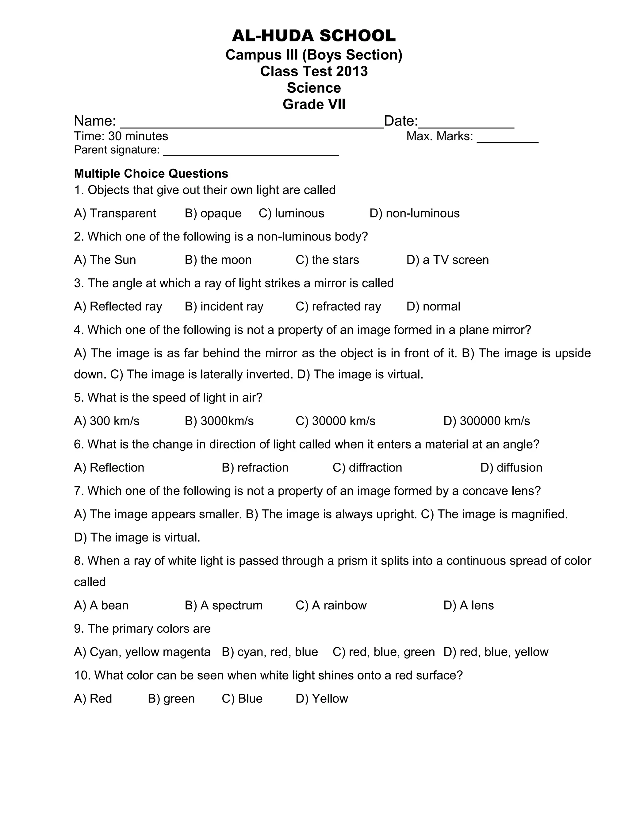 Grade 7th light test | DOCX