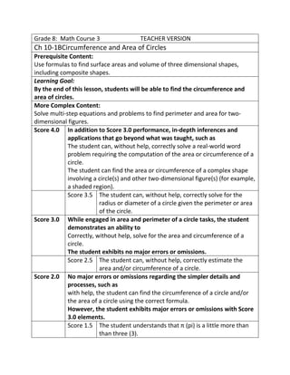 Grade 8 10 1 b circumference and area of circles rubric marzano course ...