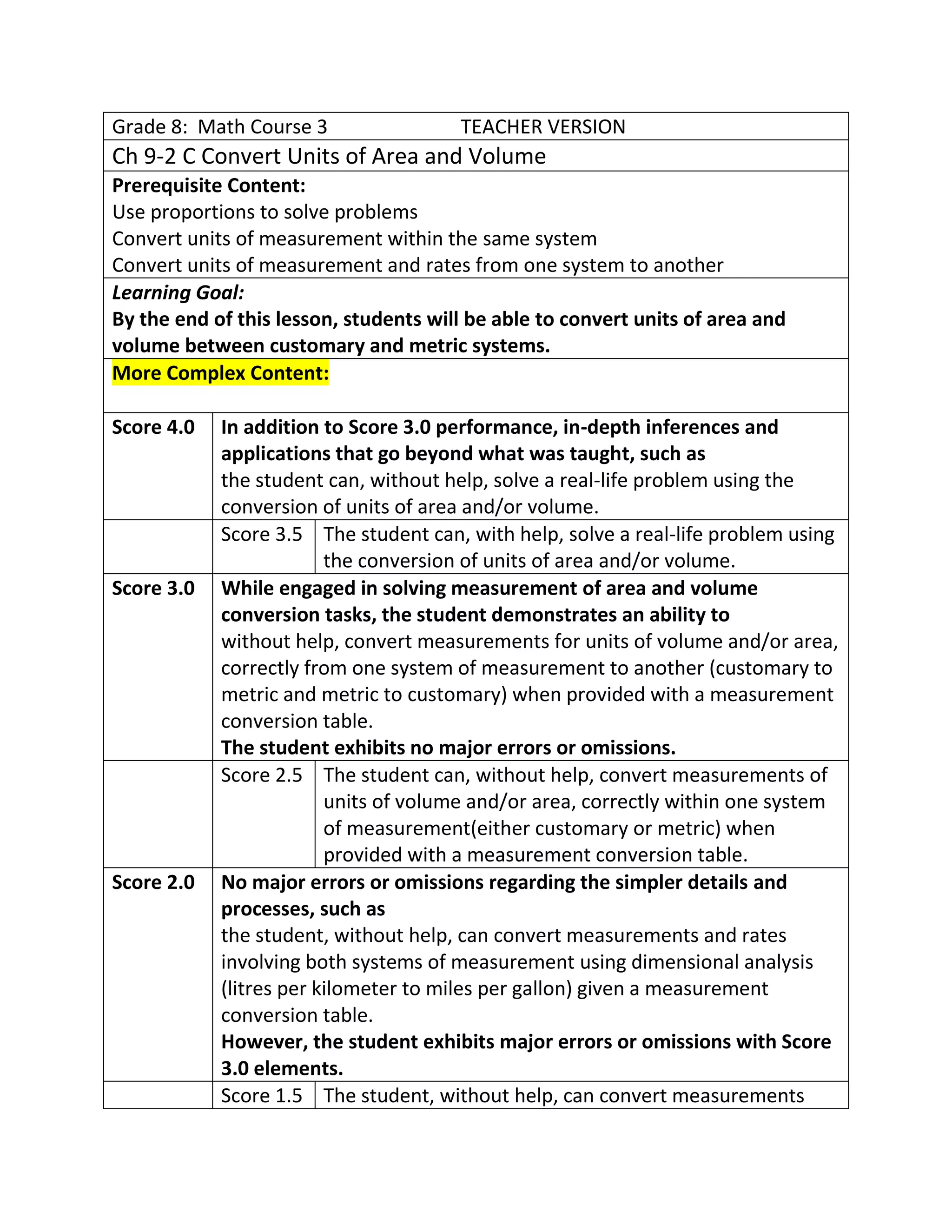 Grade 8 9 2 c marzano rubric florida math connects course 3 | PDF