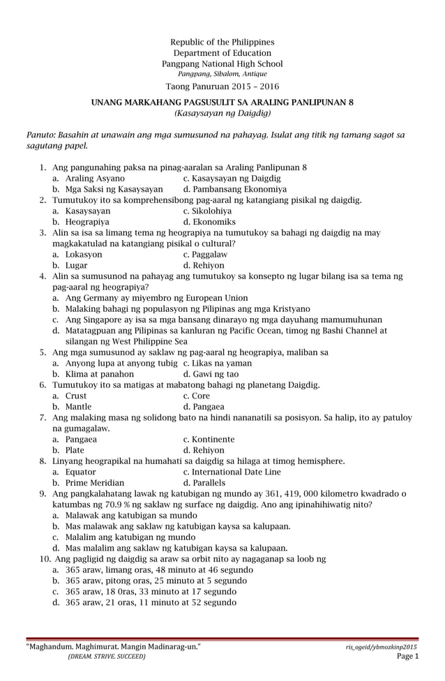 1st Quarter Examination In Grade 8 Araling Panlipunan PDF 1st Quarter Examination In Grade 8 Araling Panlipunan PDF