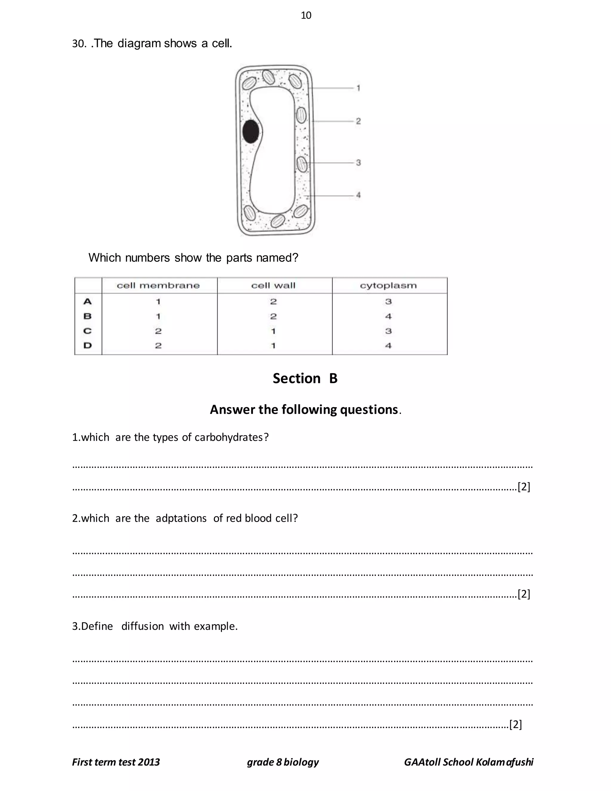 Grade 8 Biology Practice Test | DOCX
