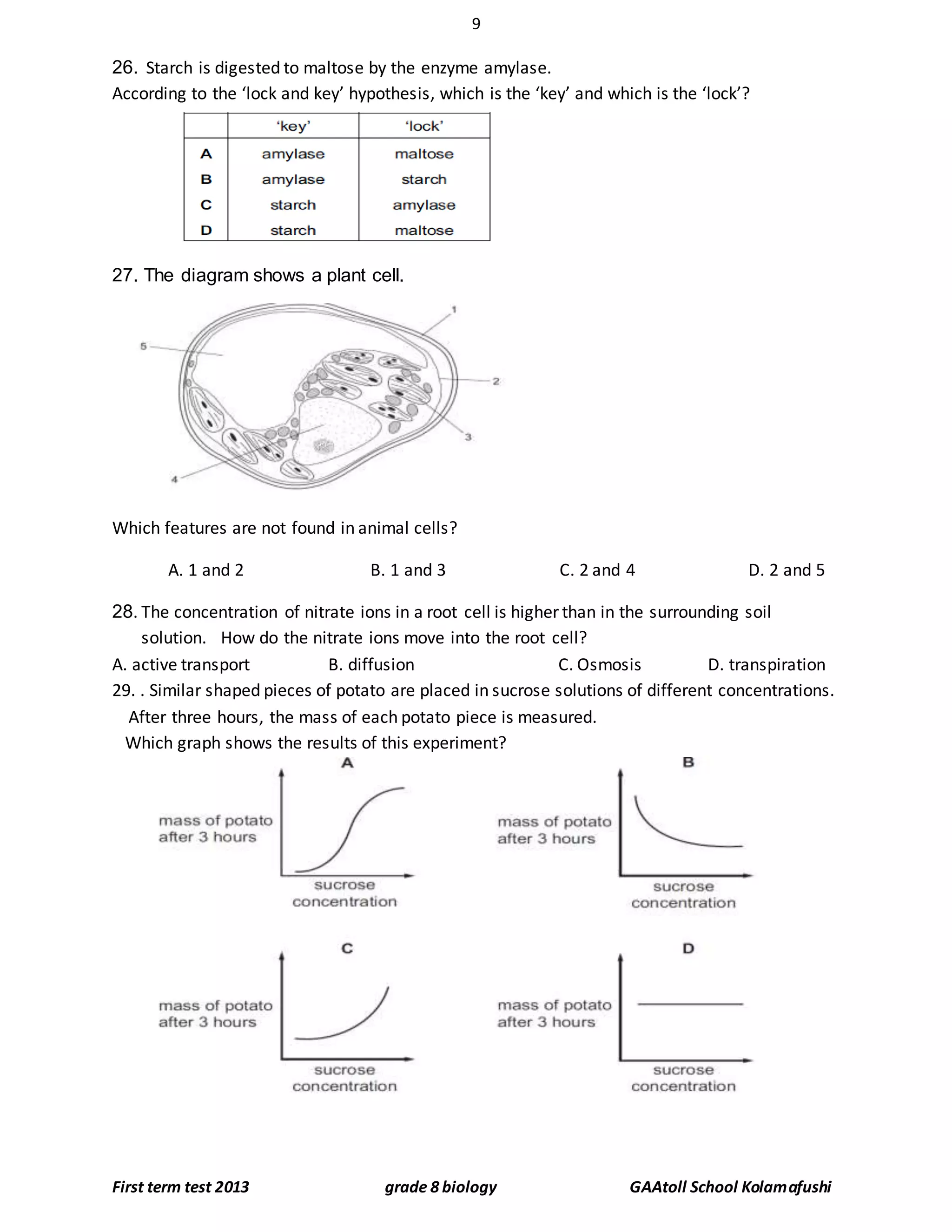 Grade 8 Biology Practice Test | DOCX