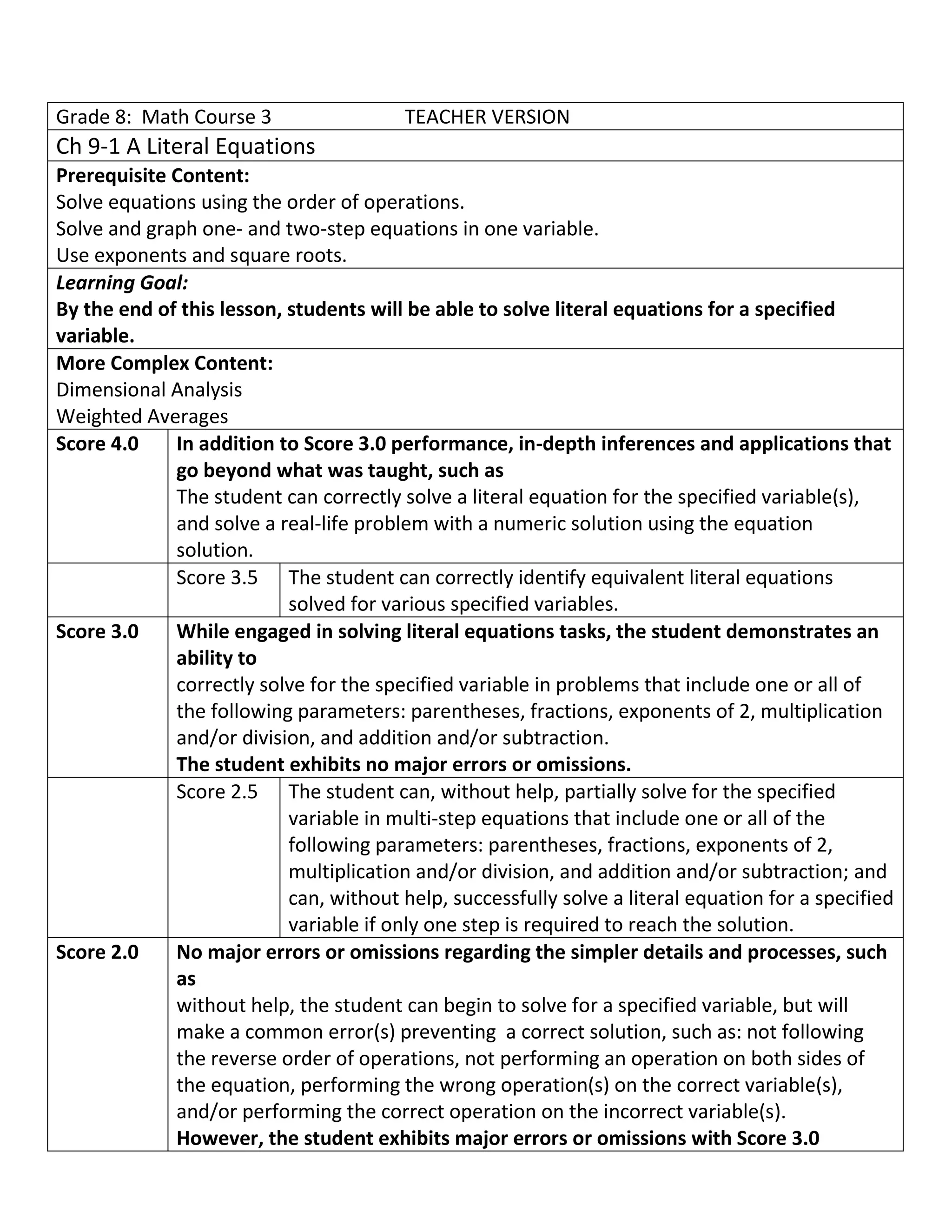 Literal Equations Marzano Specific Rubric | DOCX