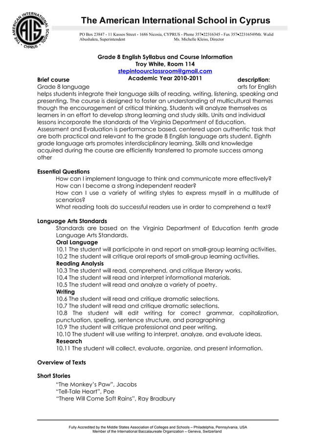 Grade 8 english syllabus 2010.2011