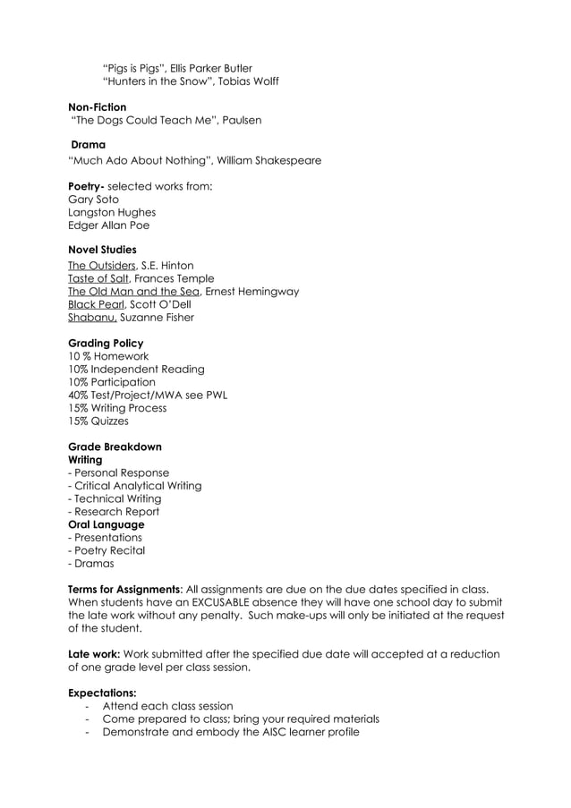 Grade 8 english syllabus 2010.2011