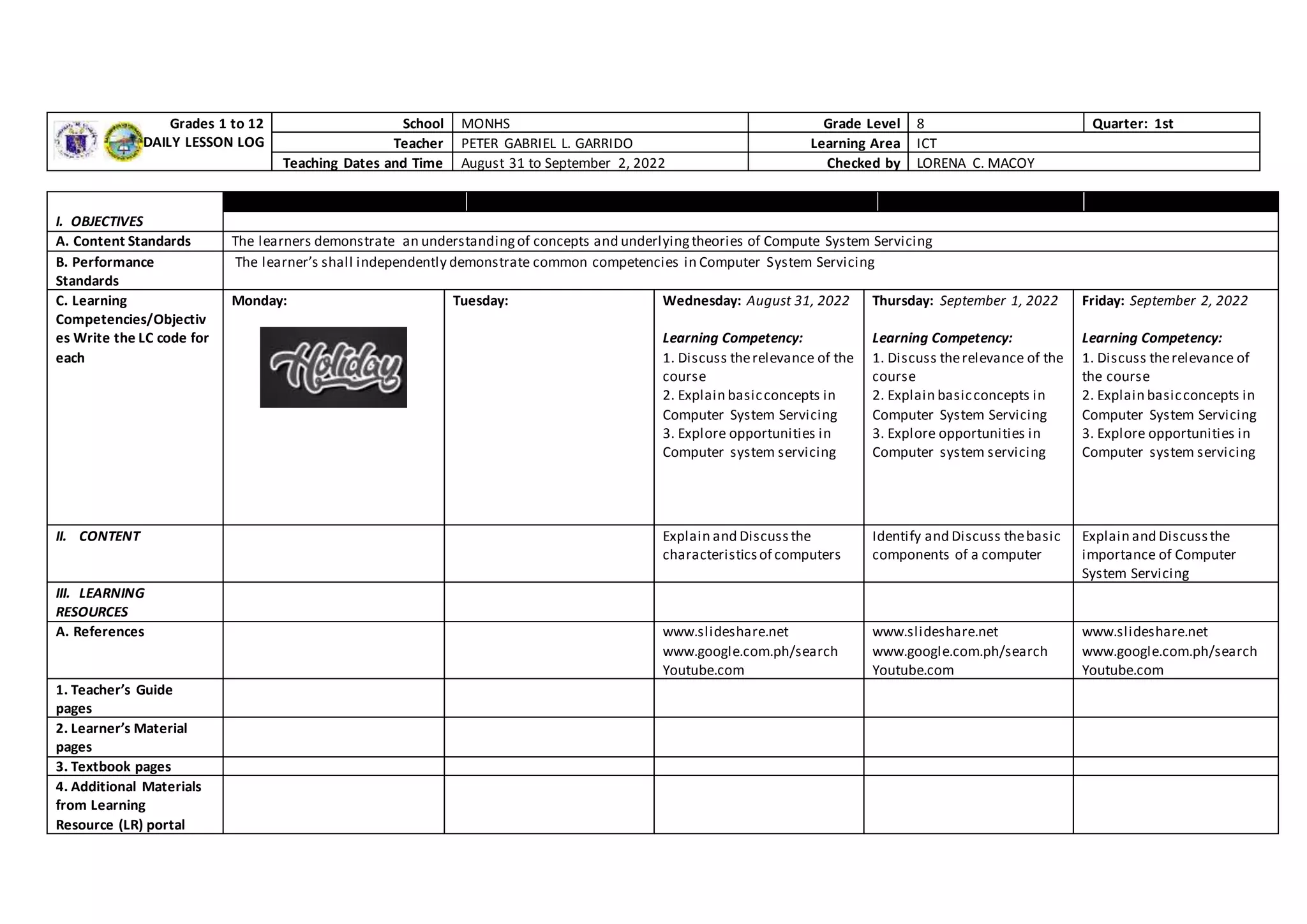 Grade 8 ICT CSS Learning Plan - August 31 to September 2, 2022.doc