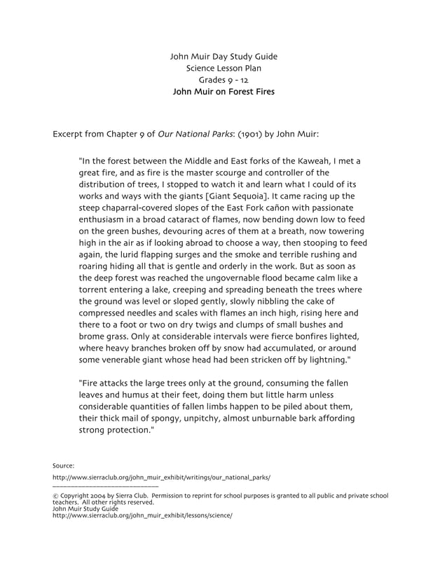 John Muir on Forest Fires Reading Handout Science Lesson Plan Grades 9 ...