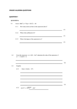 GRADE 9 MATHEMATICS ALGEBRA QUESTIONS.pdf